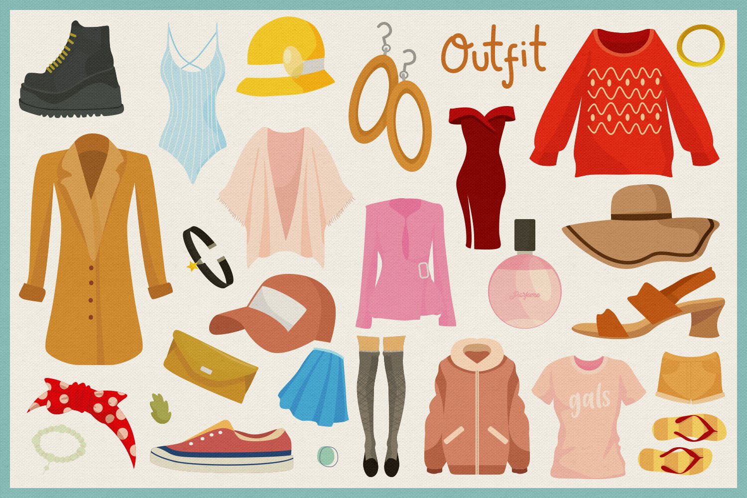 Women's Clothes and Accessories Vector Clipart and Seamless