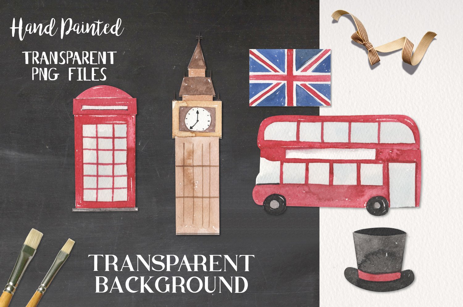 London Watercolor 9 Elements Big Ben Bus Hats Flag