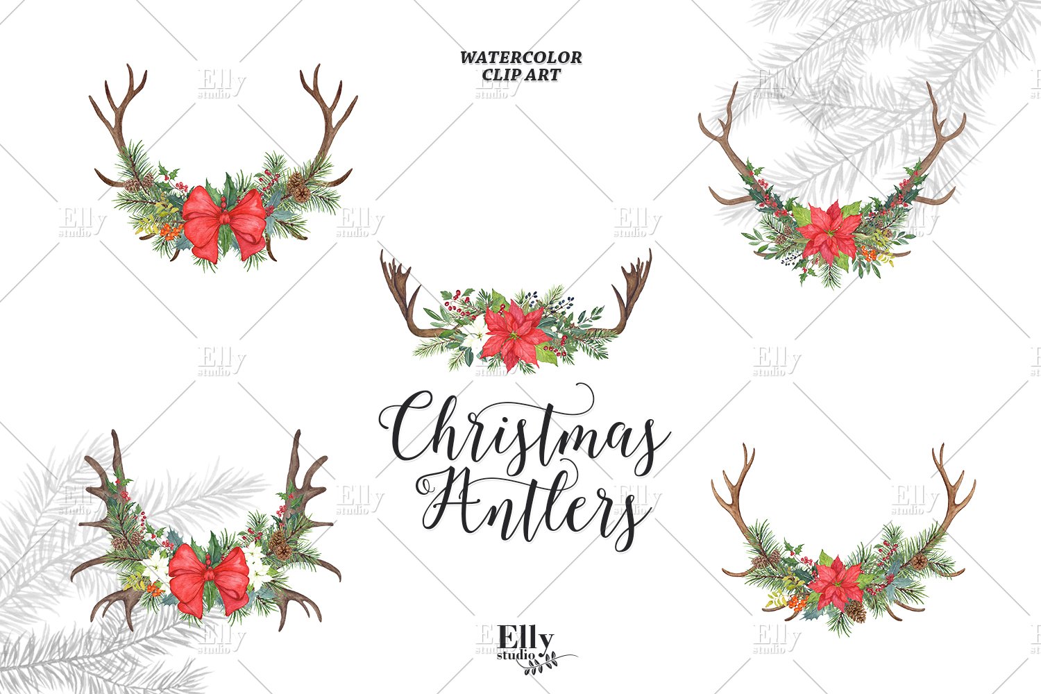 Christmas Antlers Watercolor Clipart (131824) | Illustrations | Design ...