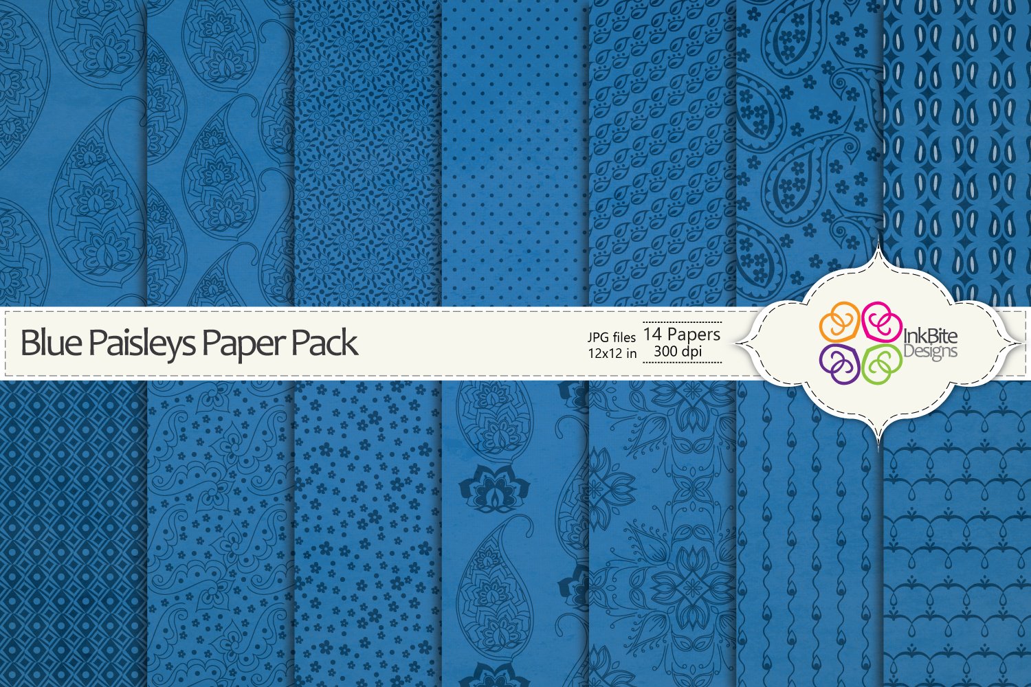 Blue Paisleys Paper Pack (101602) | Backgrounds | Design Bundles