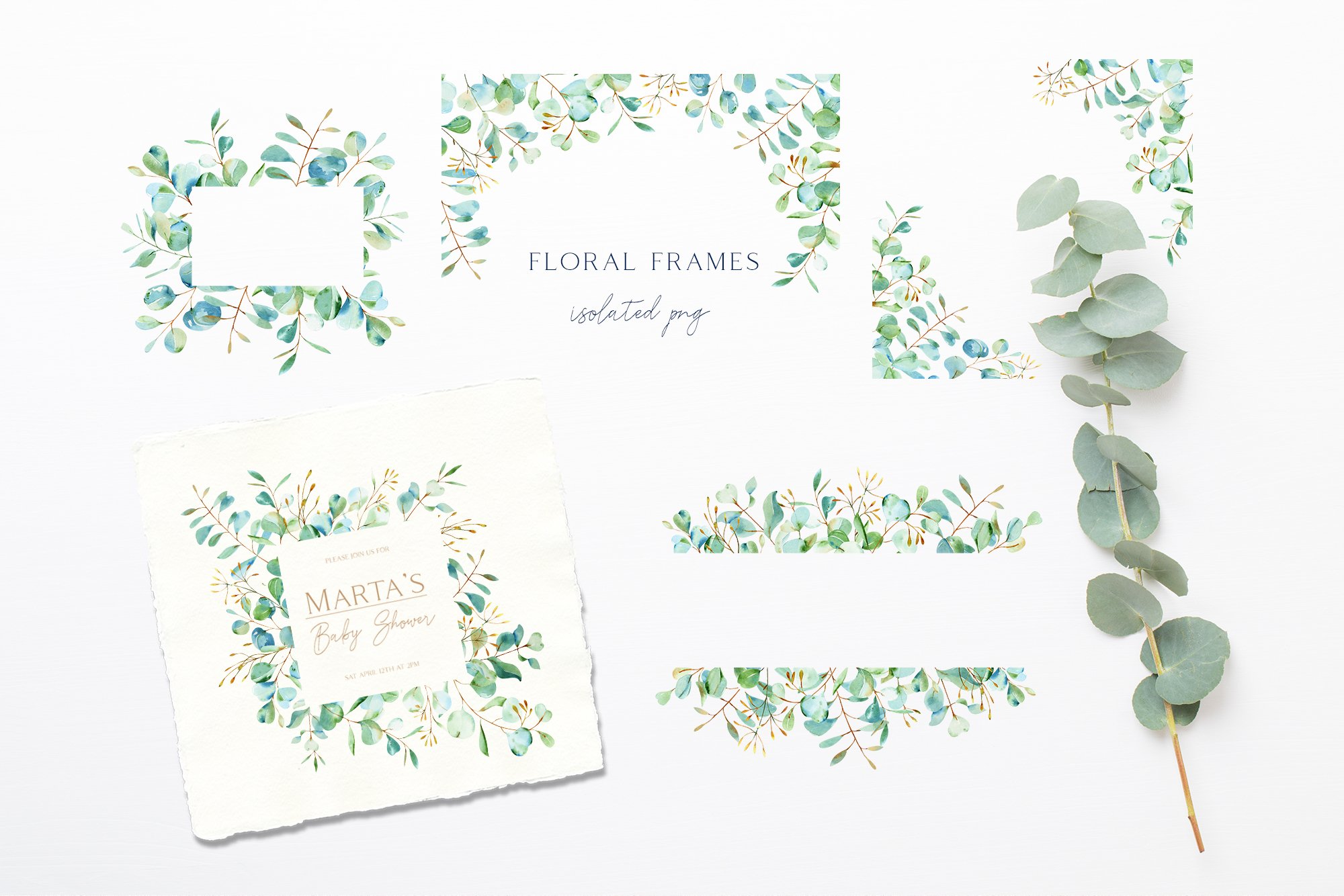 Watercolor eucalyptus borders clipart, Greenery digital (1058546 ...