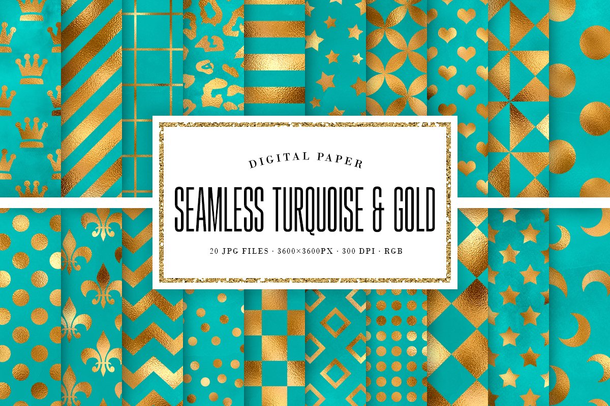 Turquoise & Gold Seamless Patterns, 20 Geometric Backgrounds (1435031 ...