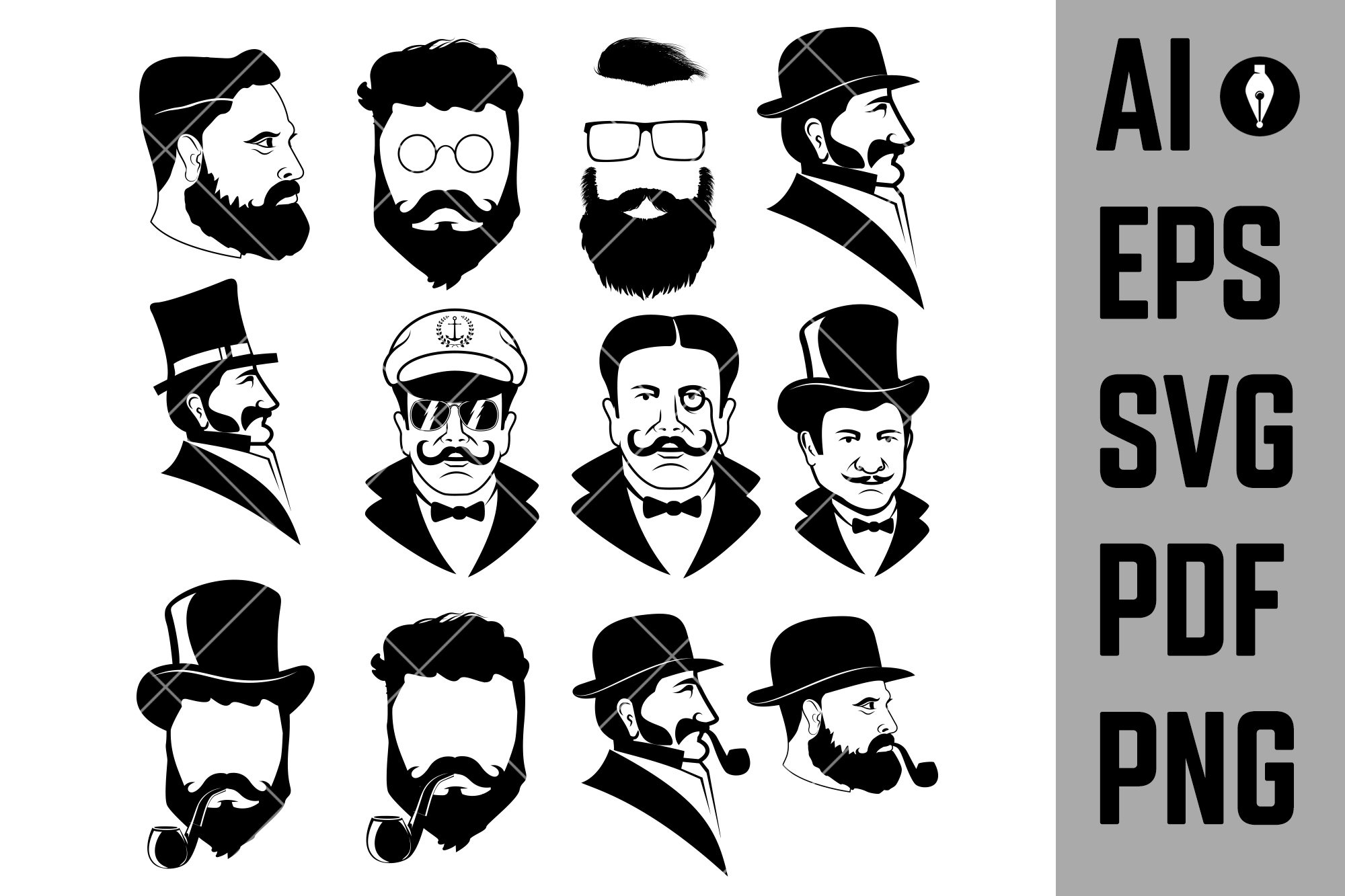 Set of gentleman's faces. Gentlemen's club design elements. (1739859 ...