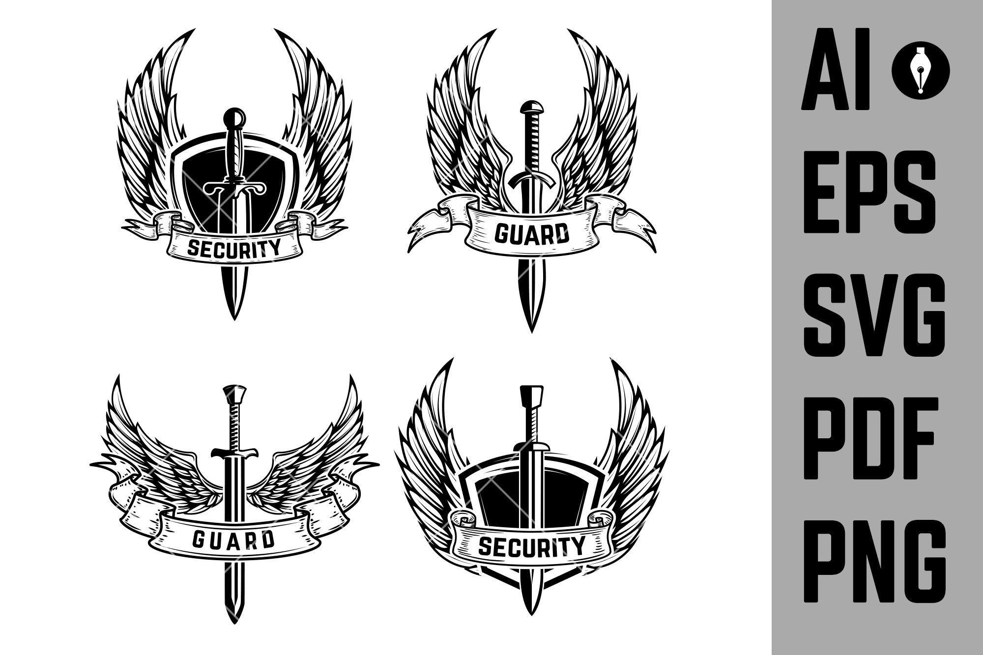 Set of security emblems with swords and wings. (1784071) | Elements ...