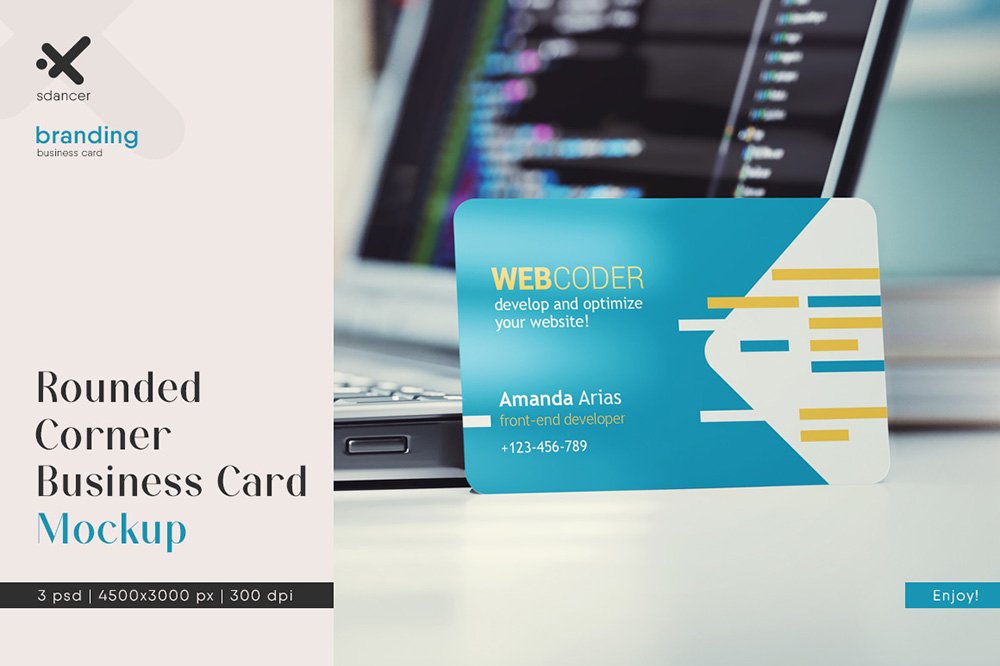 Rounded Corner Business Card Next To Laptop Mockup