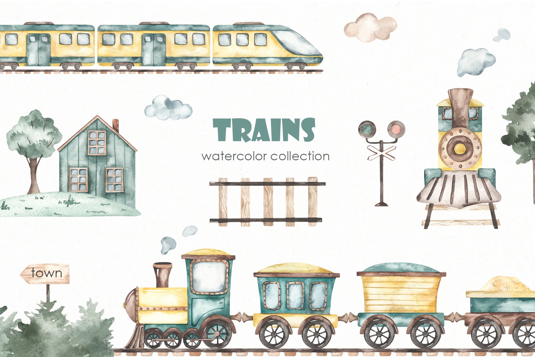 Trains watercolor collection (1105639) | Illustrations | Design Bundles