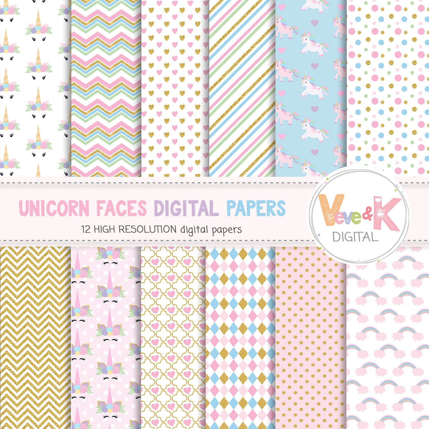 Unicorn Digital Papers, Rainbow Digital Papers, Gold Glitter Unicorn ...