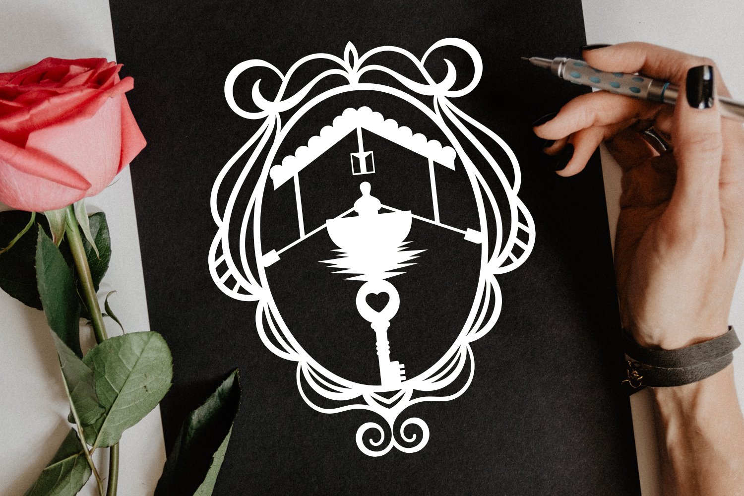 Papercut New House Scene, Man and Boat with Key