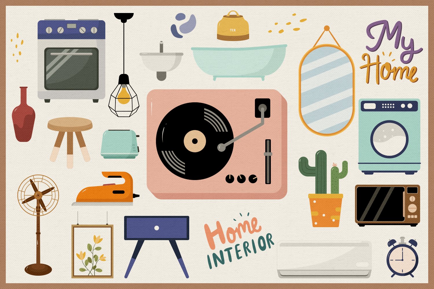 Home Interior Vector Clipart and Seamless Pattern