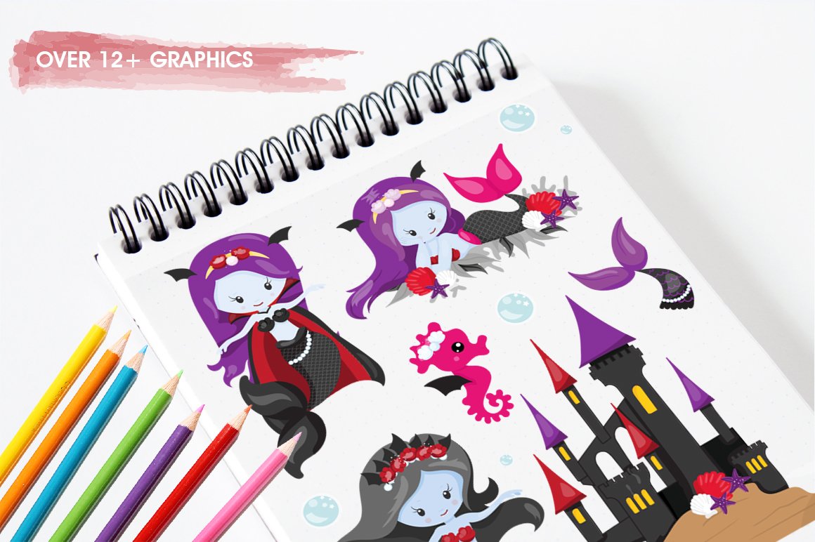Halloween Mermaid Vampires Graphics and illustrations, vecto