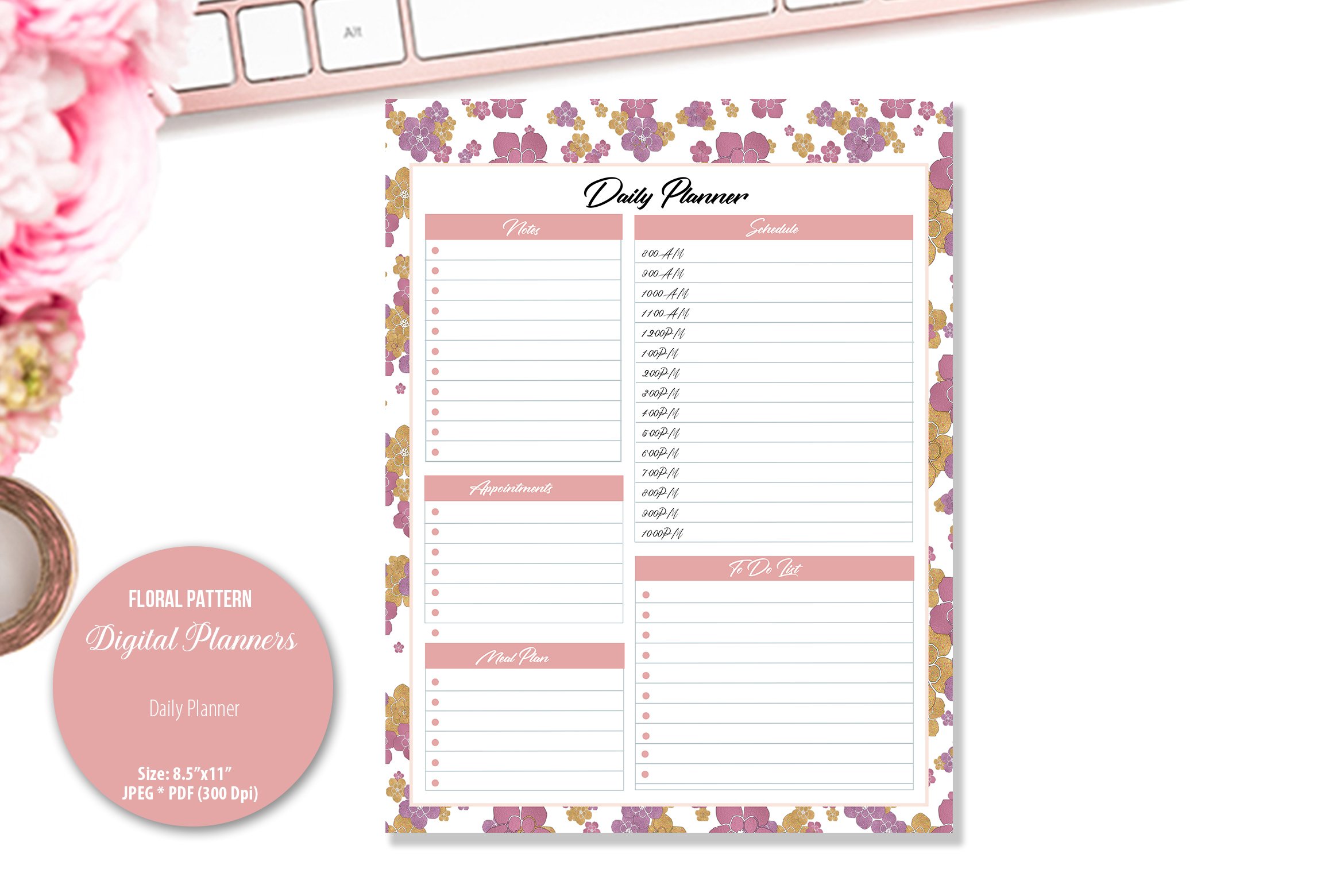 Rose Floral Pattern Digital Planner