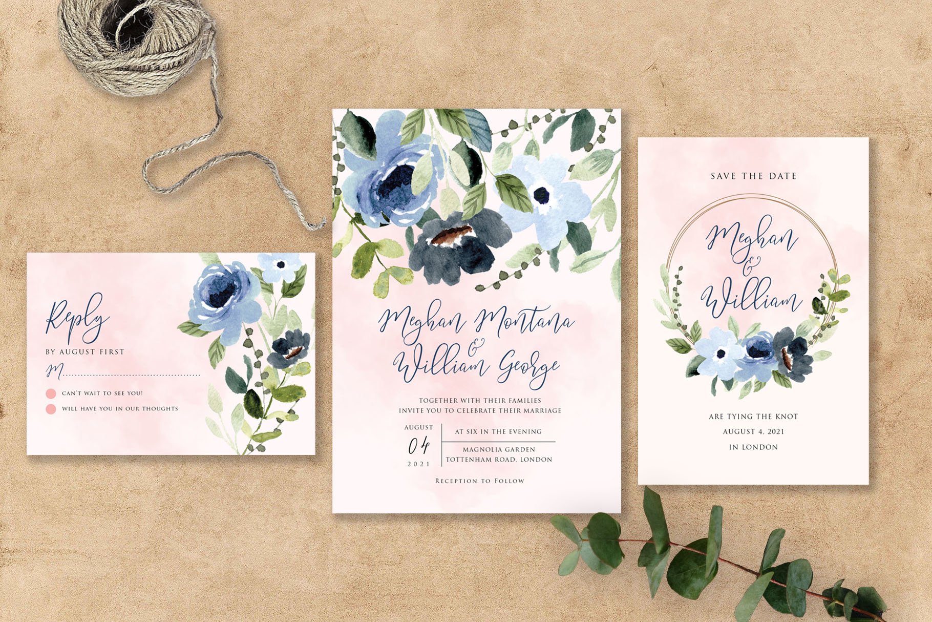 Blue Blossom Floral Wedding Invitation Suite
