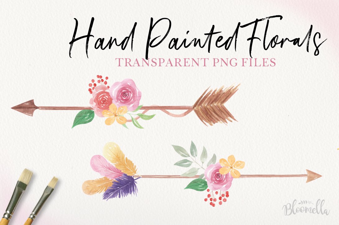 Boho Arrows Watercolor Floral Pink Flowers Blooming Leaves