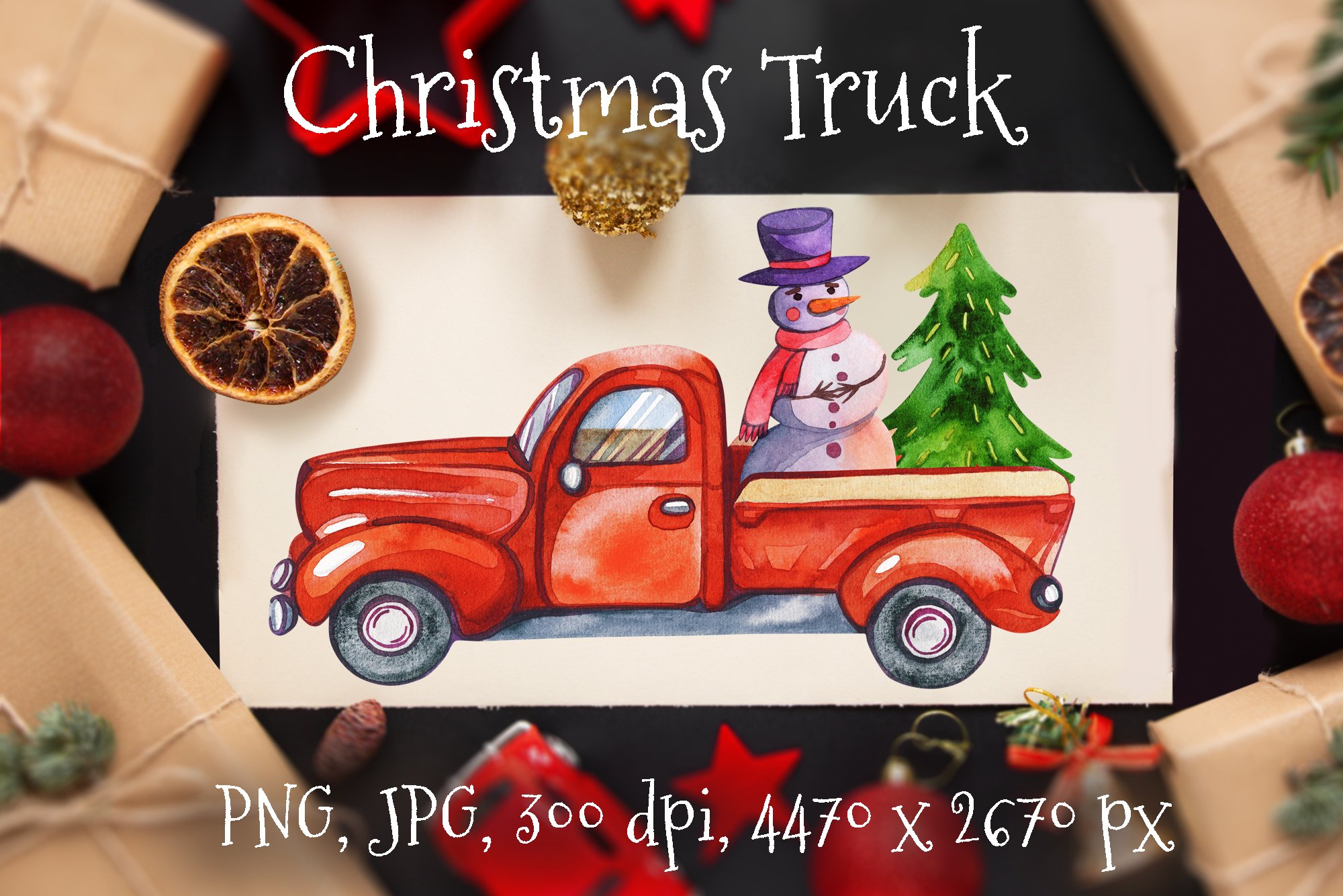 Red Truck. Watercolor Christmas Clipart. Christmas Card. (995397 ...