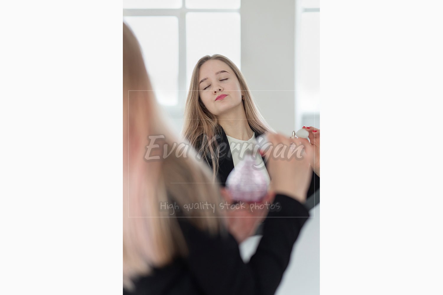 Woman look in large mirror, reflection, sit on high chair. (1391953 ...