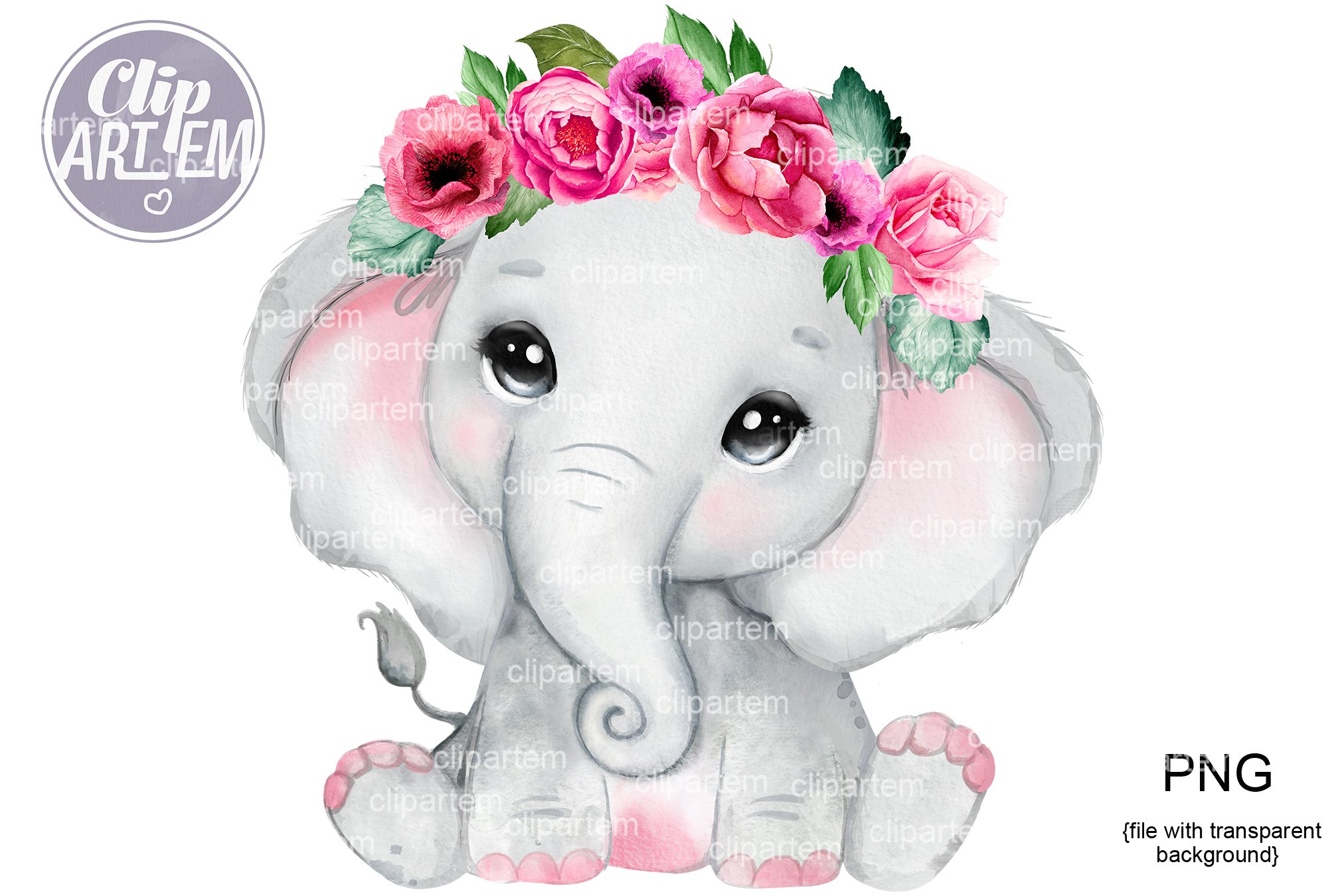 Super Cute Girl Elephant Pink Flowers Watercolor PNG images (1224211 ...