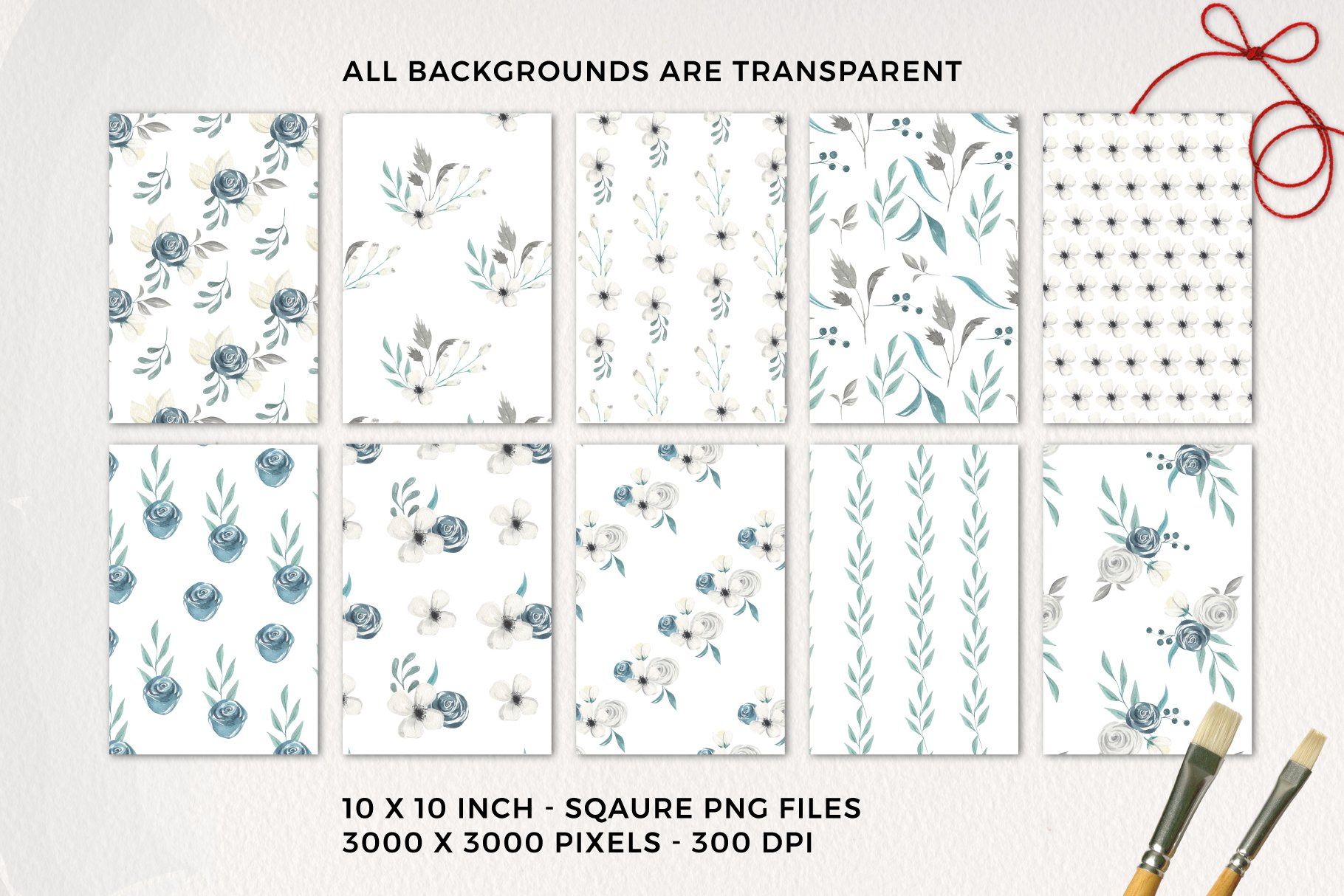 Navy & White Seamless Patterns Digital Watercolor Florals