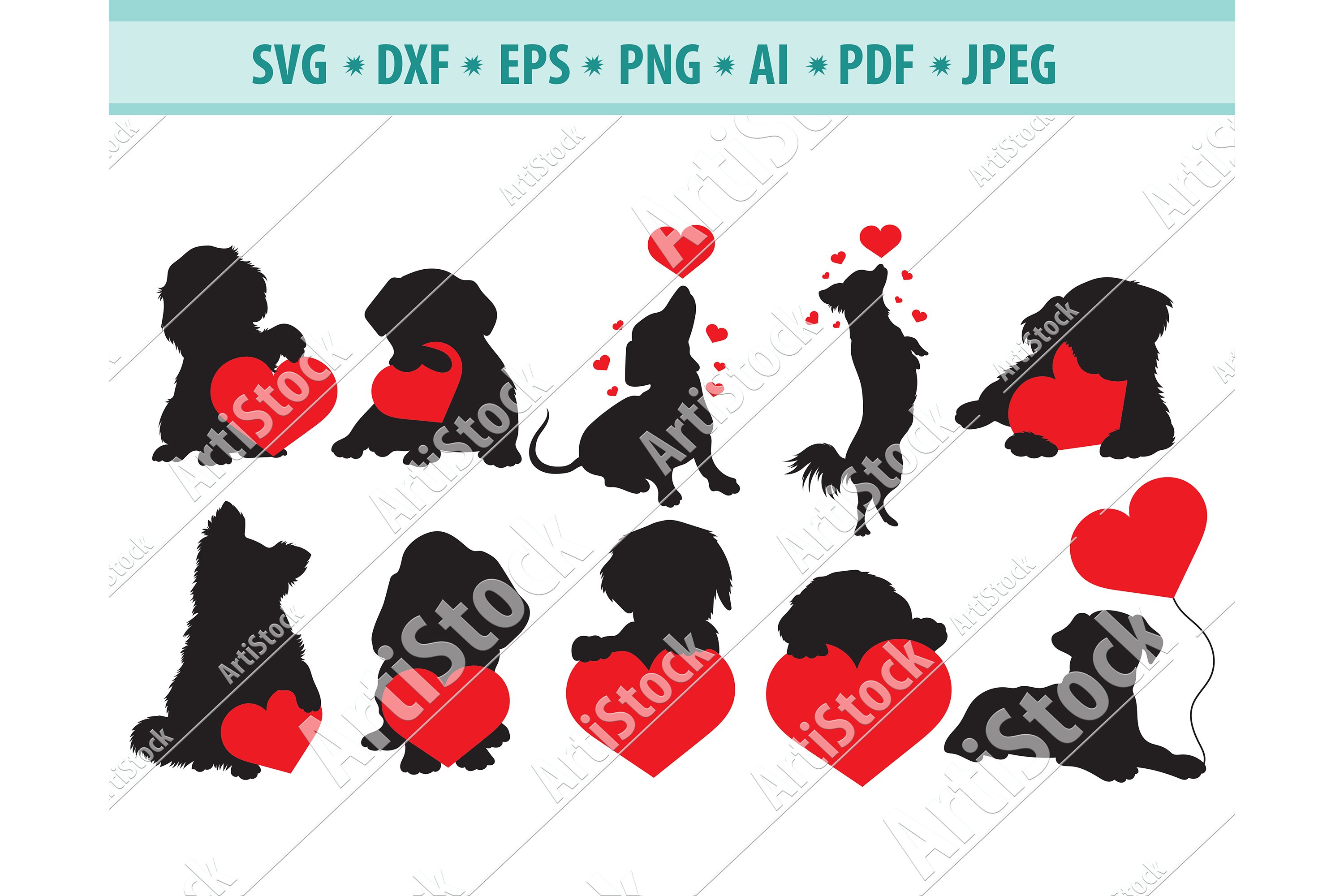 Dogs SVG, Dogs with heart Svg, Valentine dogs Dxf, Png, Eps (522495 ...