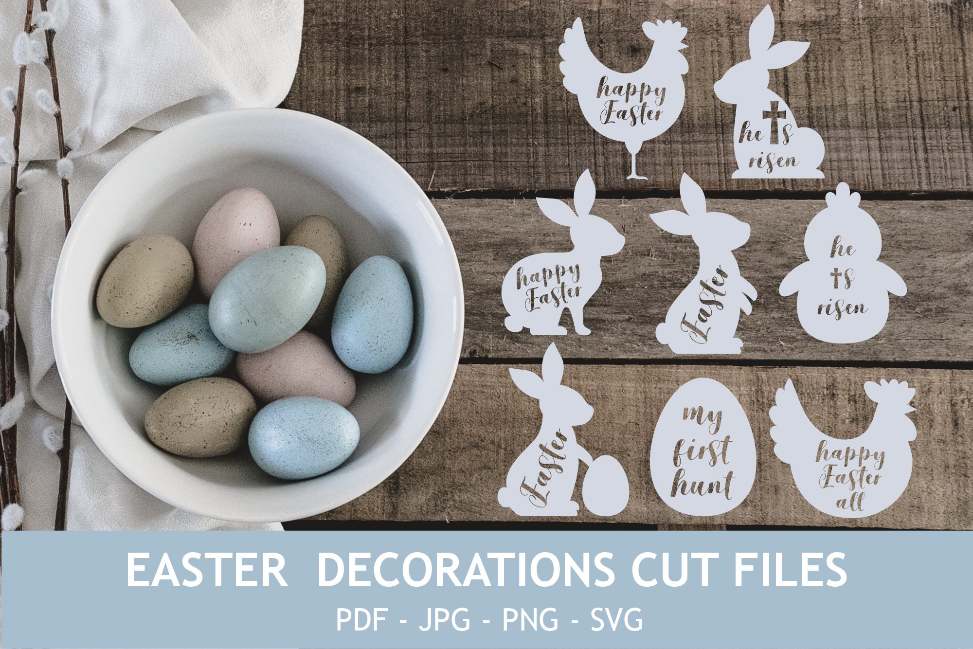 8 Easter Decorations cut files, silhouette bunny, (1262321)