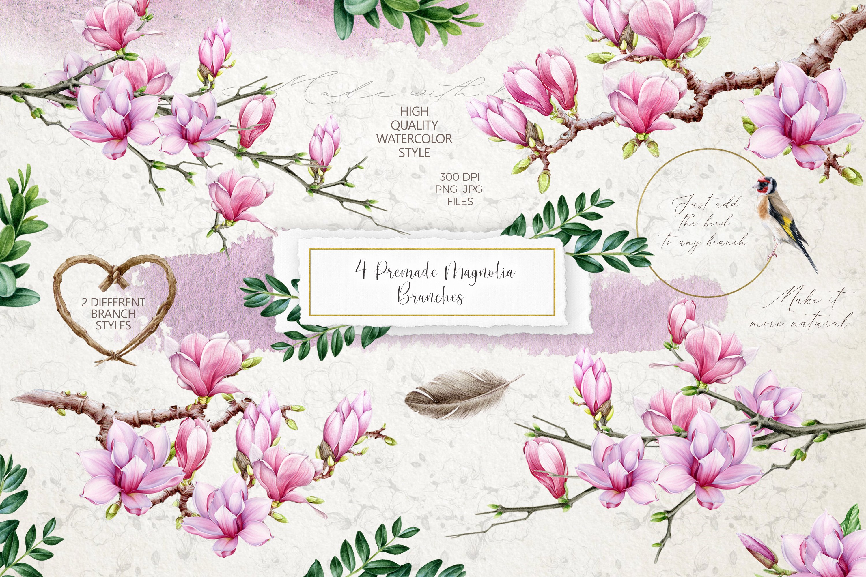 Pink Magnolia Watercolor Collection, Botanical Flower Set (753040 ...