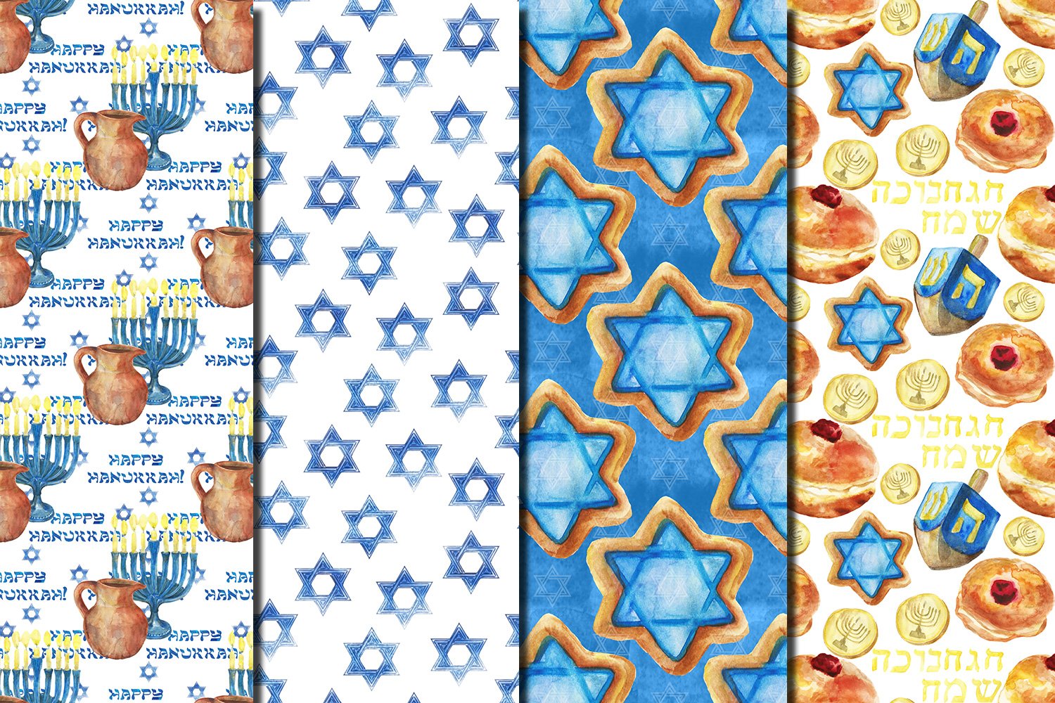 Watercolor Happy Hanukkah seamless digital paper pack (25532 ...