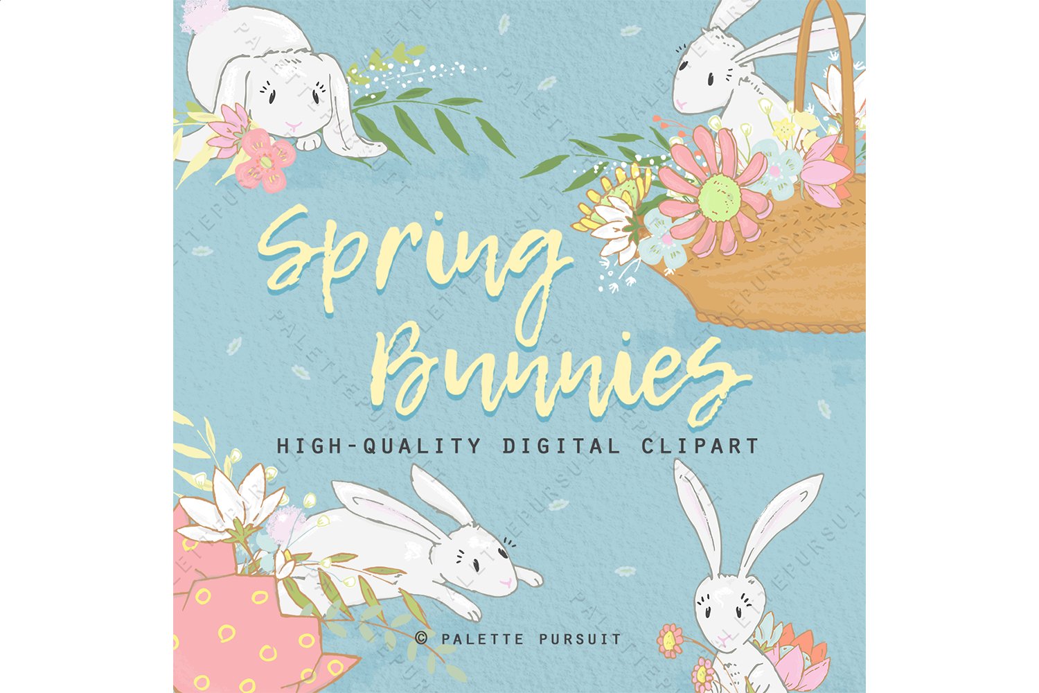 Spring bunnies and flowers clip art (234566) | Illustrations | Design ...