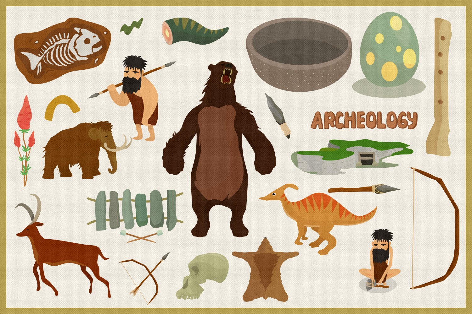 Human Prehistory Vector Clipart and Seamless Pattern
