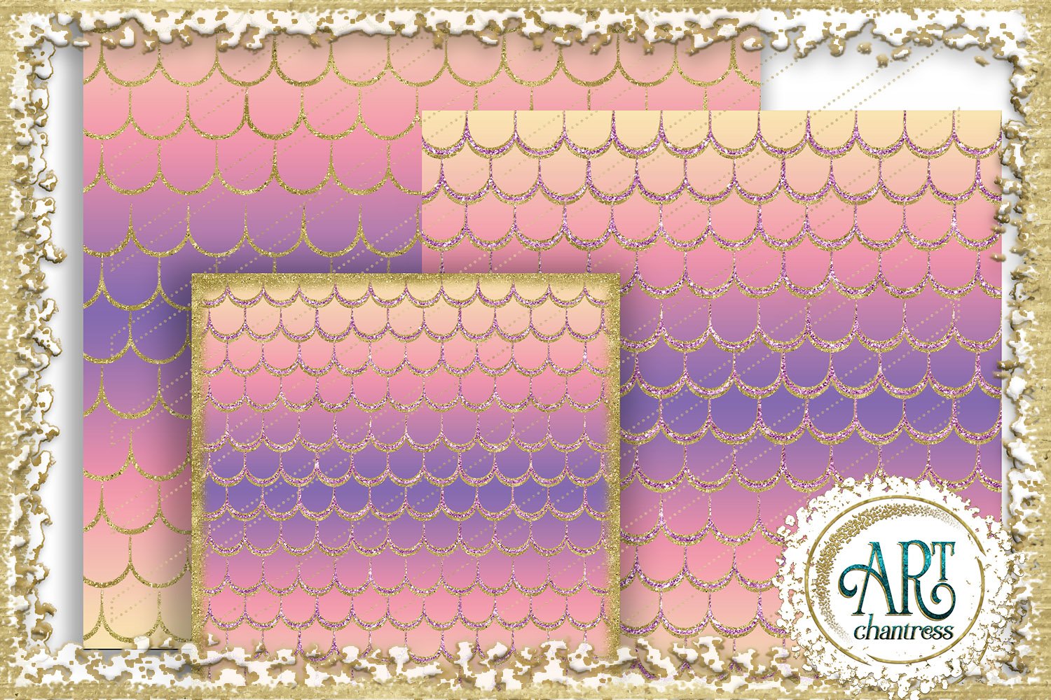 18 Digital Papers - Rainbow with Gold Glitter - Mermaid Scale Tail ...