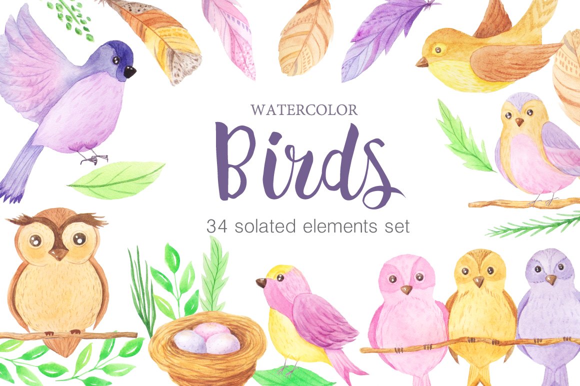 Watercolor Birds Set