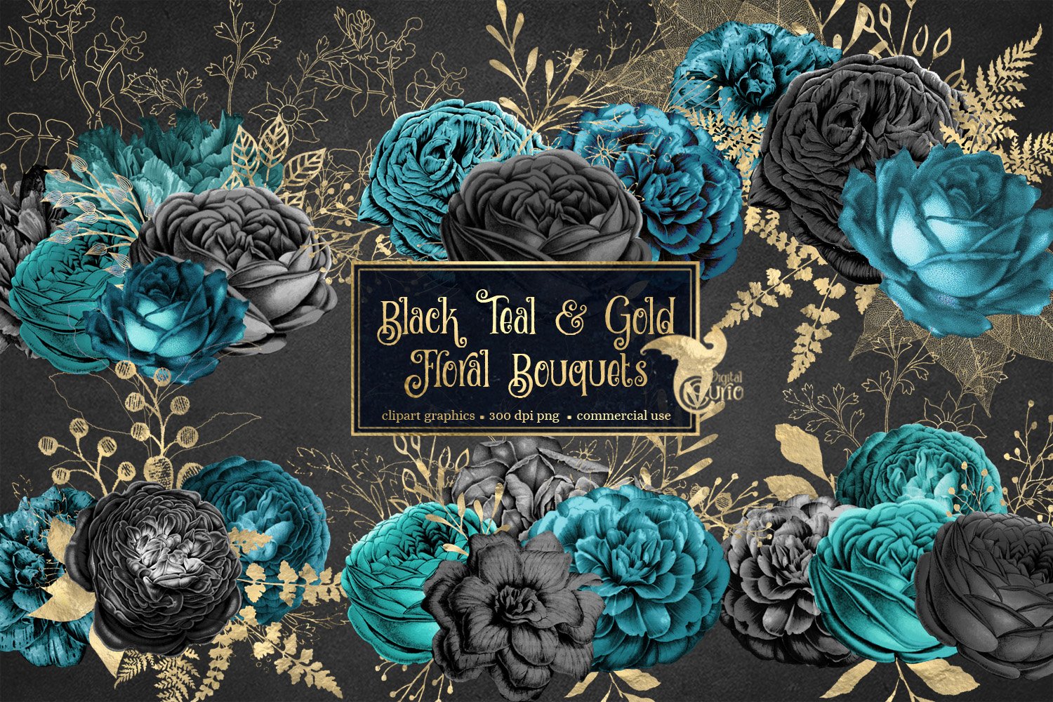 Black Teal and Gold Floral Clipart (214508) | Illustrations | Design ...