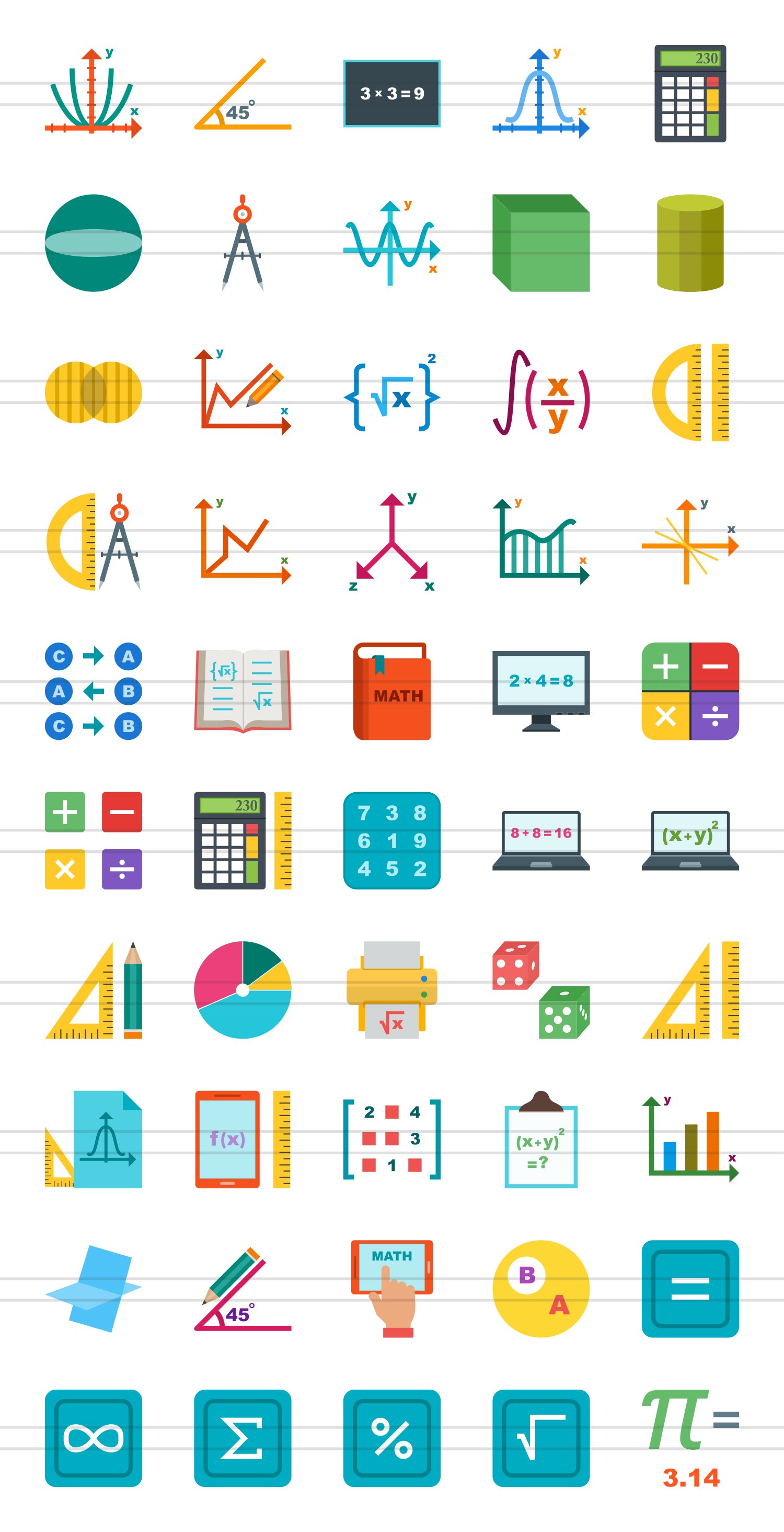 50 Math Symbols Flat Multicolor Icons (55072) | Icons | Design Bundles