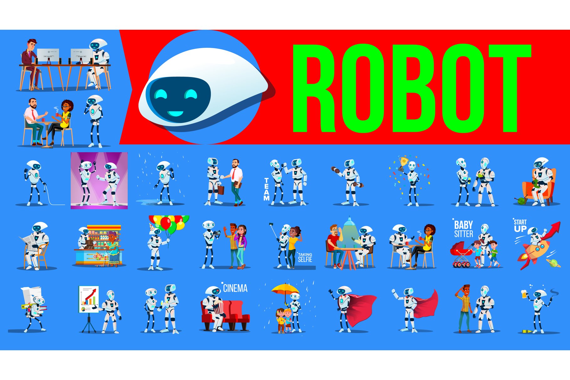 Robot Helper Set Vector. Future Lifestyle Situations. (693073 ...
