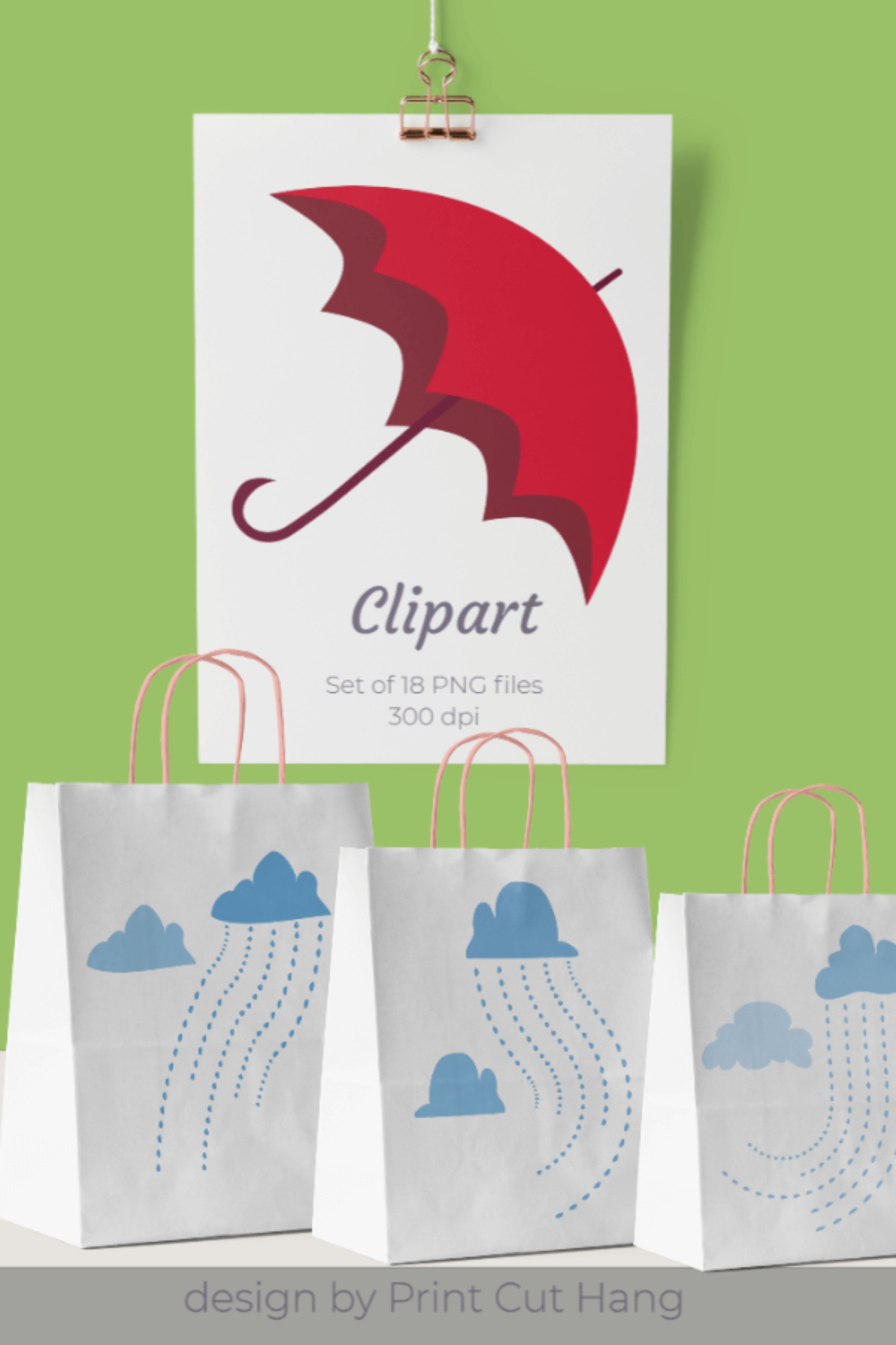 Colorful Umbrellas and Clouds Clipart Set of 18 PNG files