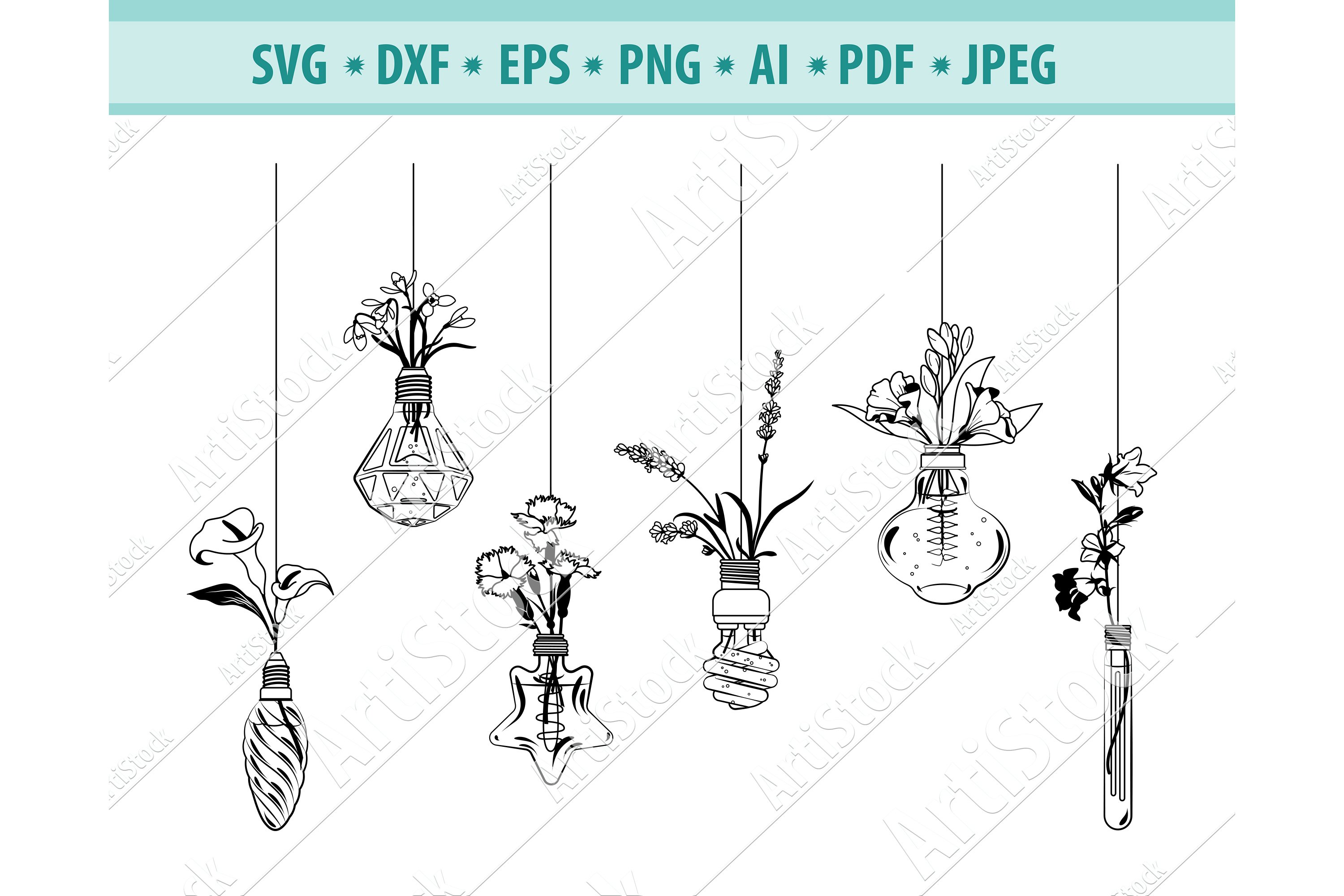 Floral Lightbulb SVG, Flower lamp Svg, Vase Png, Eps, Dxf (1255256 ...