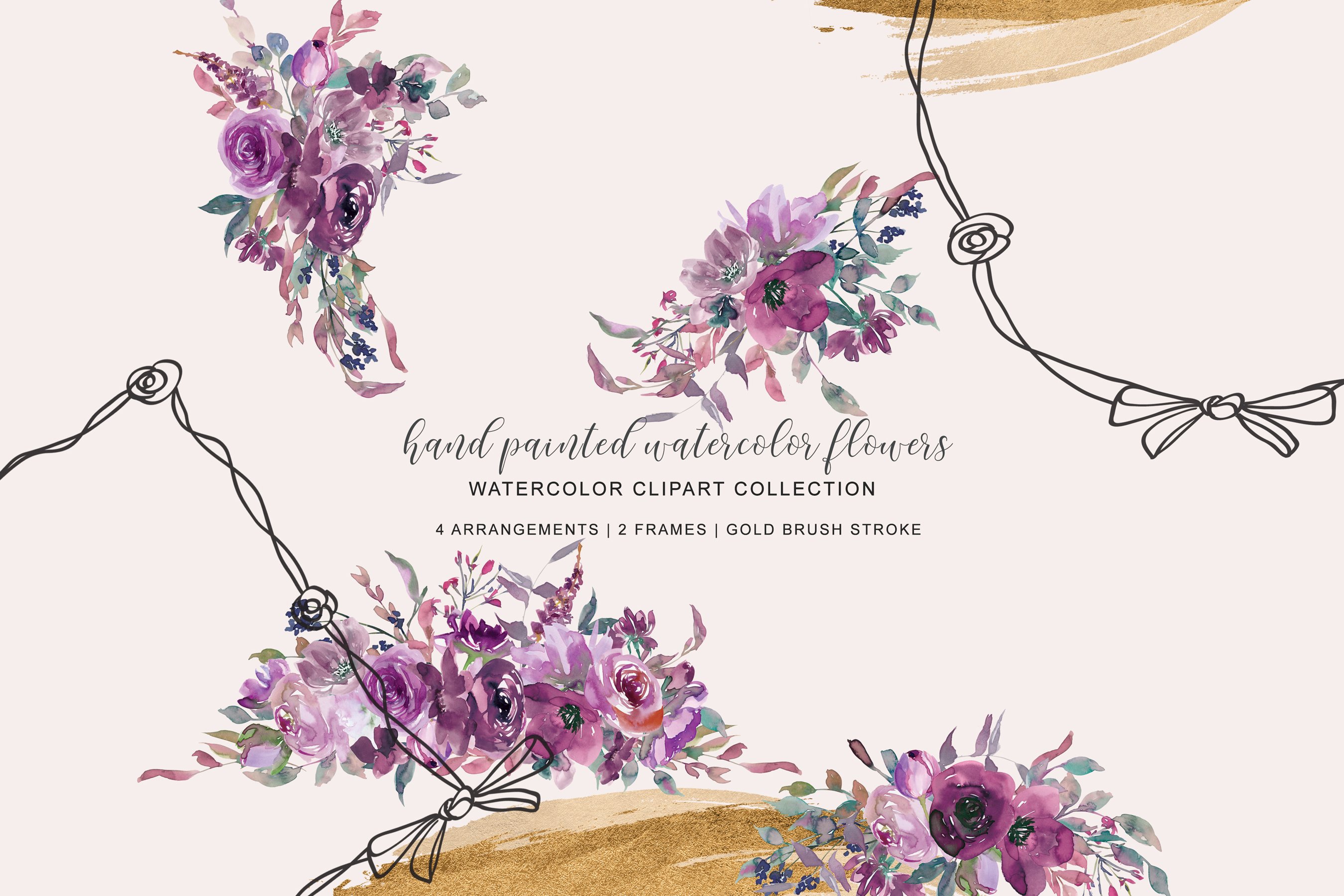 Watercolor Mauve Rose Clipart Hand Drawn Frame Set (163586 ...