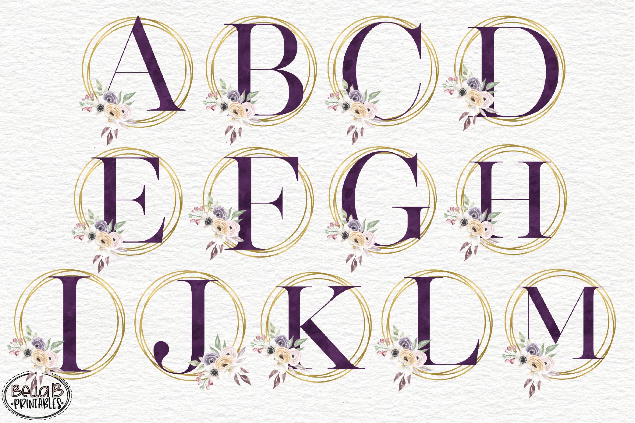 Gold Purple Watercolor Floral Alphabet Set, Alphabet Clipart (355826 ...