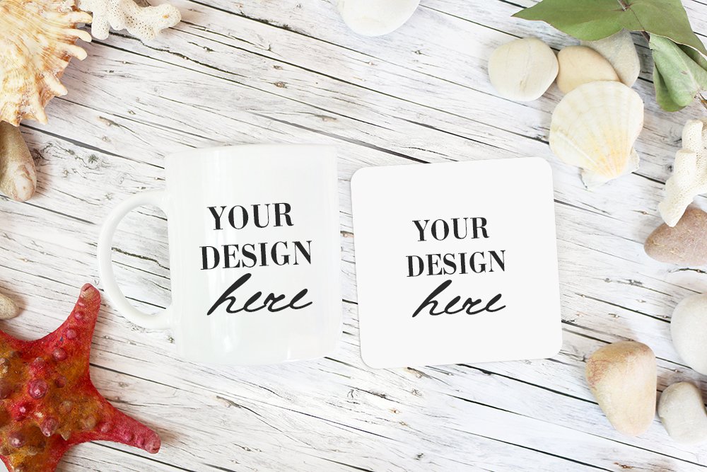 Summer styled Mug & Coaster Mockup, coaster & mug psd mockup