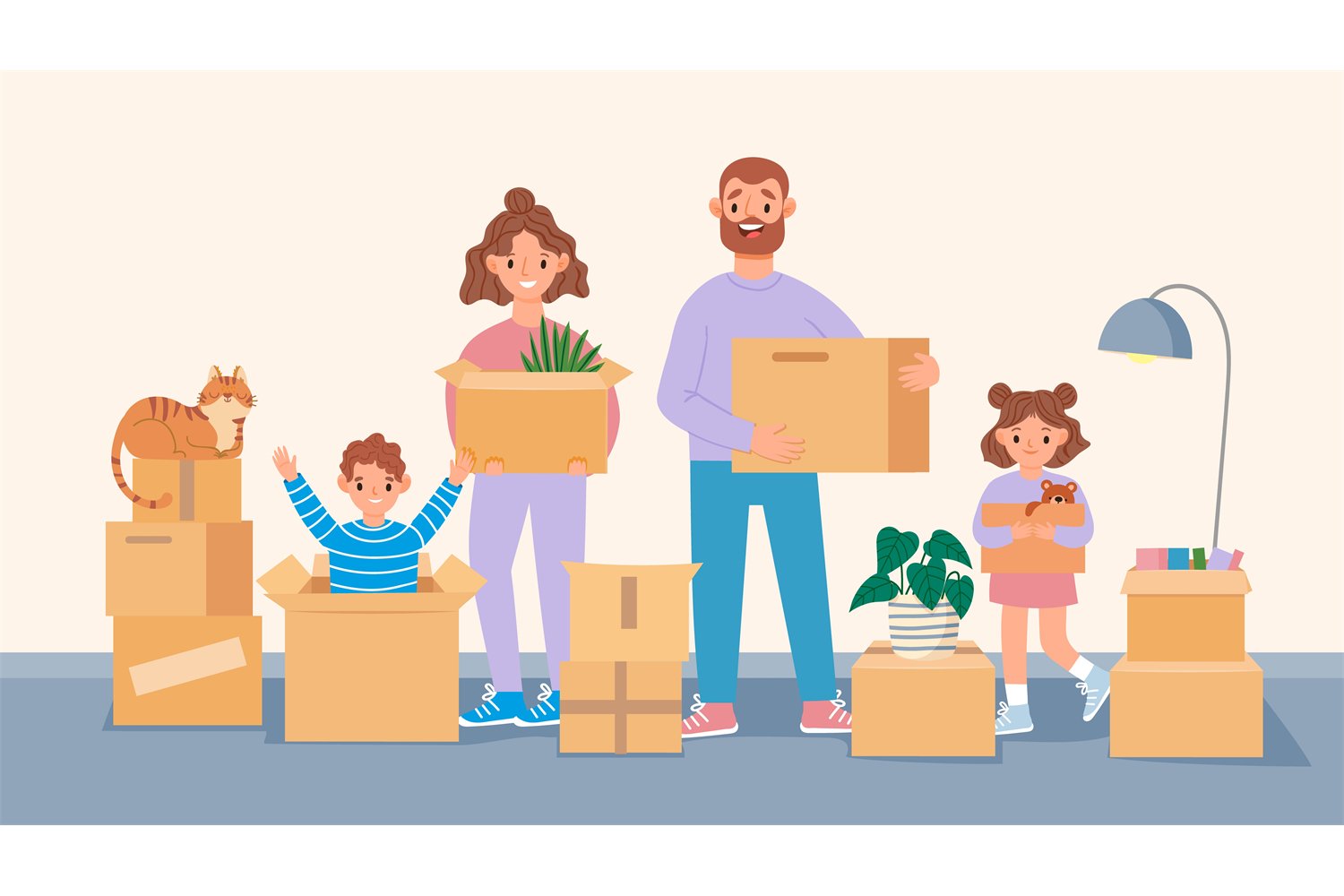 Happy moving family. Cartoon parents and kids move to new ho (1057099 ...