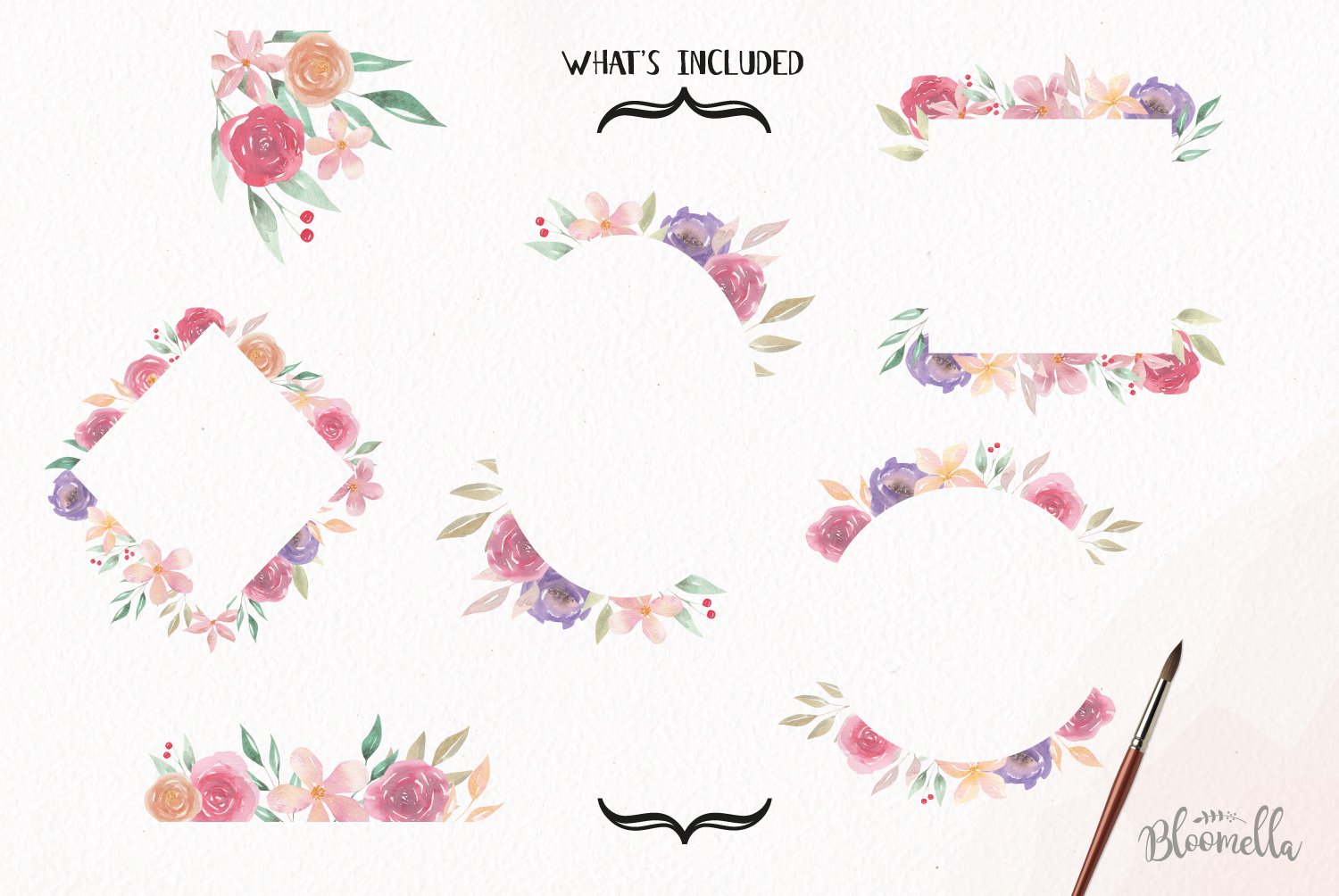 Softly Pink Watercolor Frames Borders Flowers Purple Set