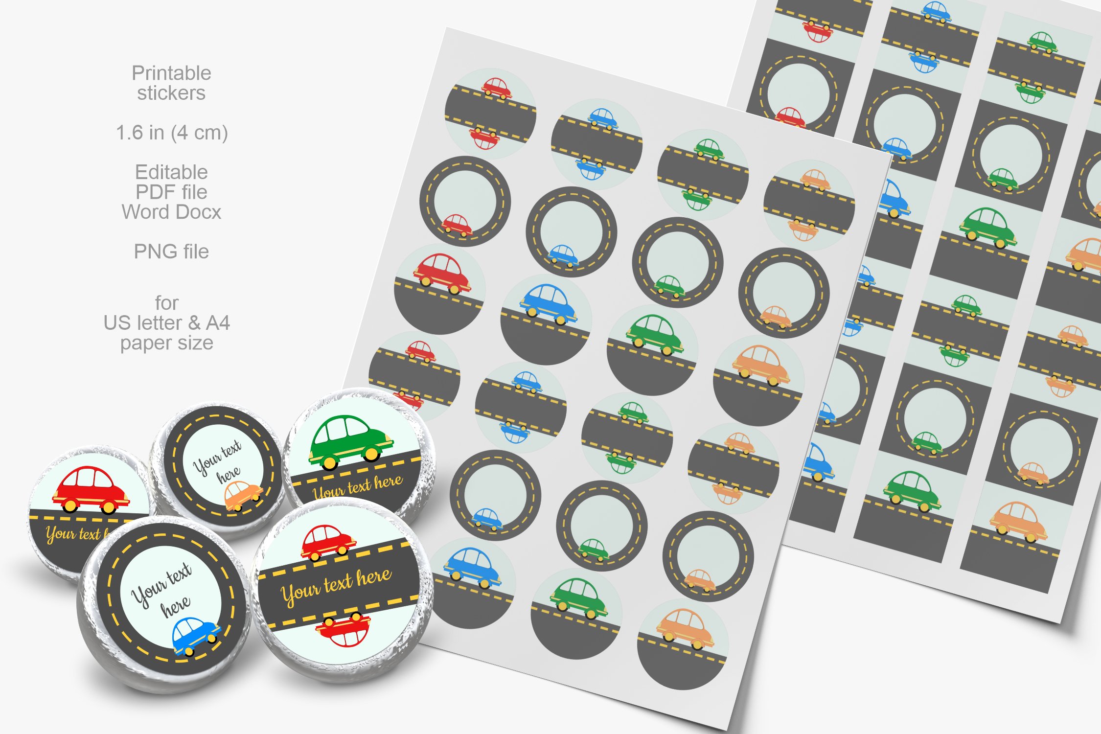 Small Round Labels with Cars 1.6 in 4 cm Editable Text