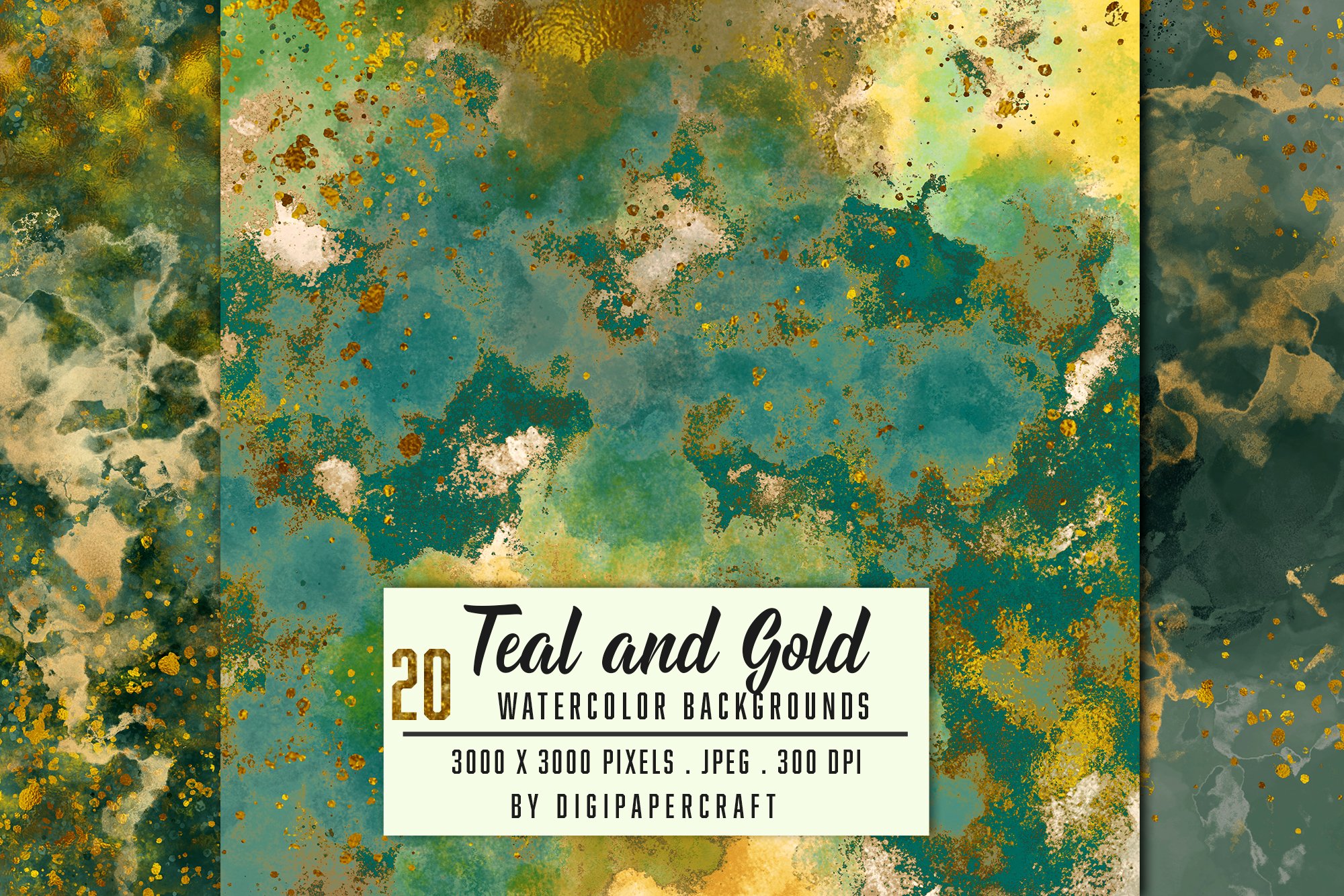 Teal and Gold Watercolor Digital Paper, Alcohol ink paper (891747 ...