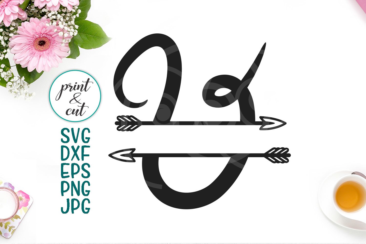 Monogram letter V svg dxf cut file, split font with arrows (420617 ...