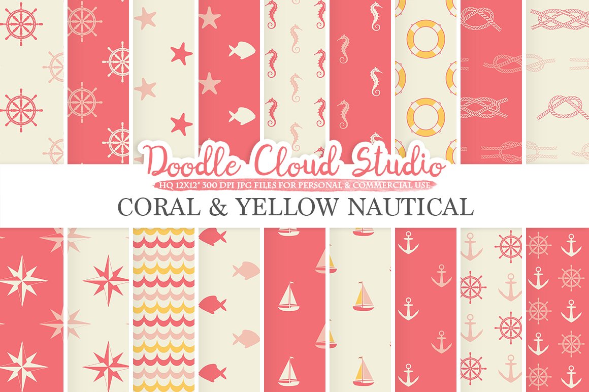 Coral and Yellow Nautical digital paper Pink Seal patterns Ocean ...