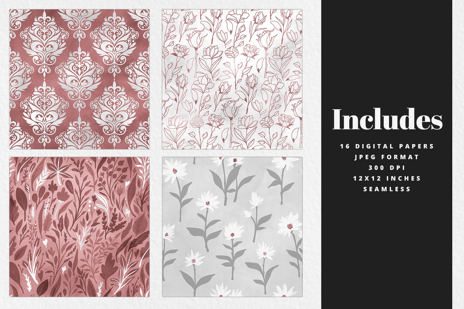 White & Rose Digital Paper Pack