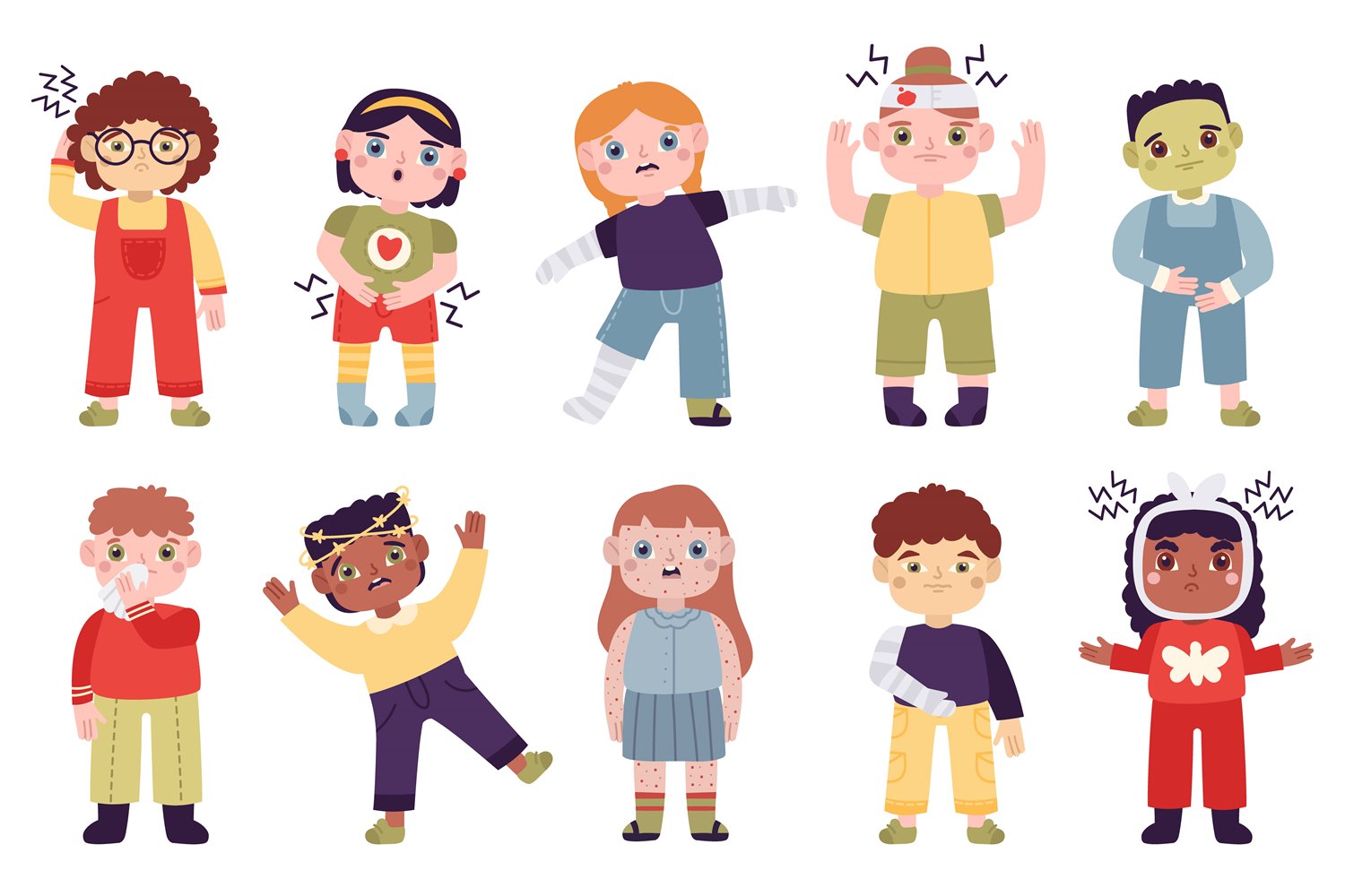 Sick children. Little kids with disease symptoms, headache, (1341501 ...