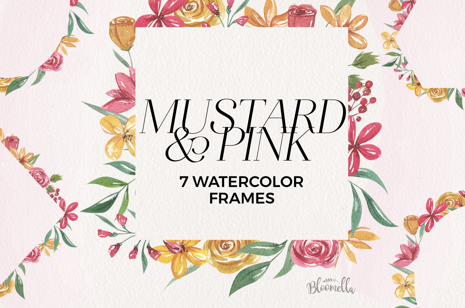 Mustard Pink Florals Flowers 7 Pretty Frames Watercolors