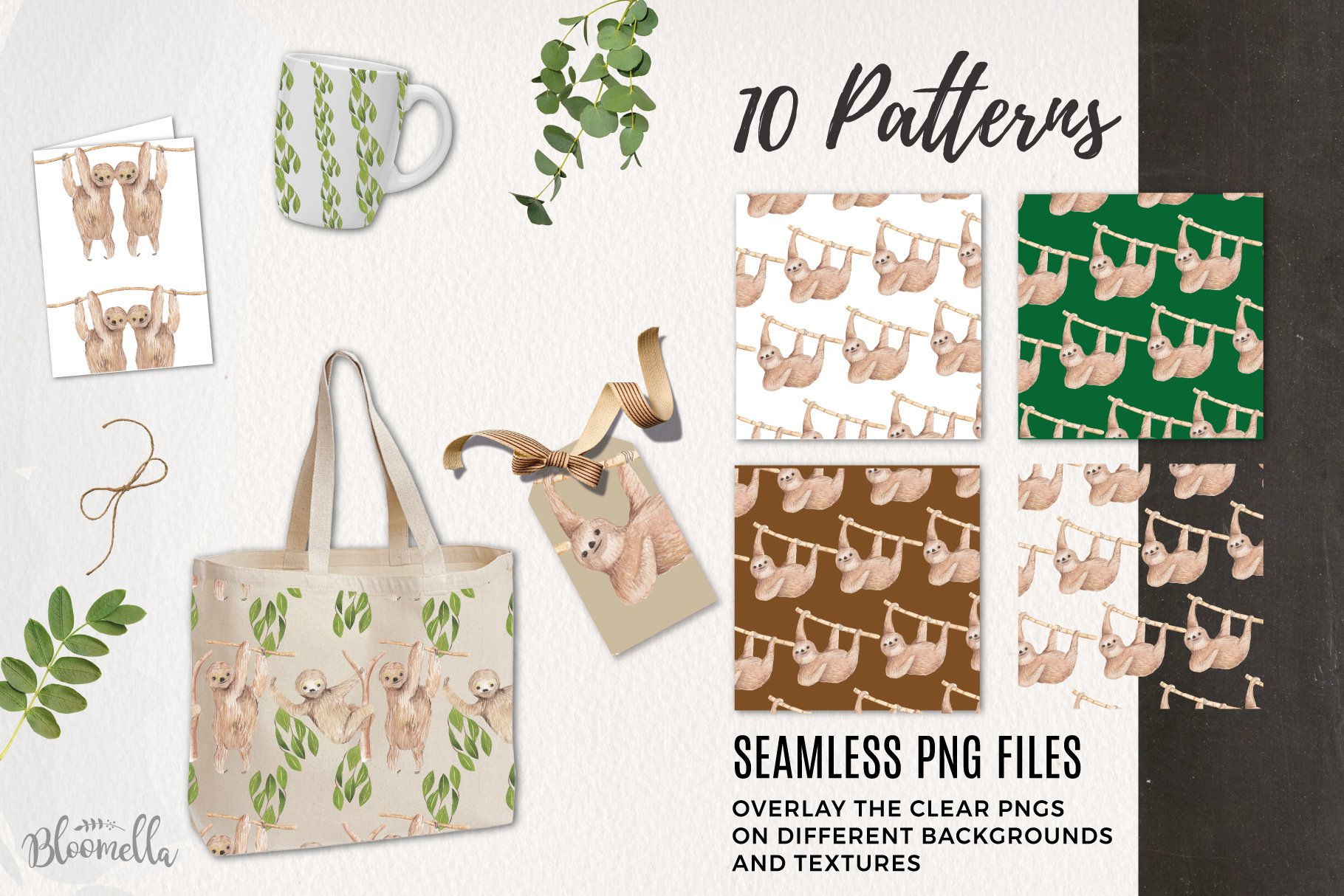 Sloth 10 Seamless Patterns Digital Paper Sloths Animal Leaf