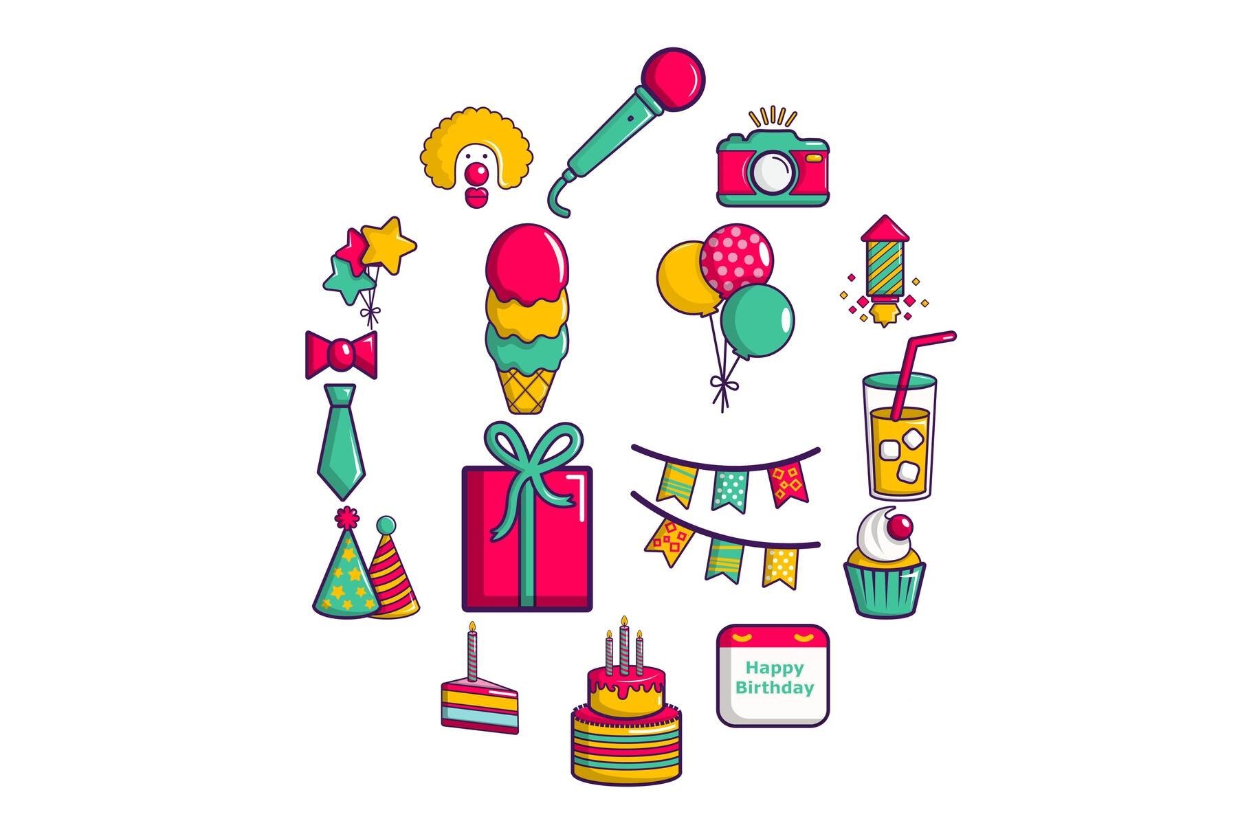 Happy birthday icons set, cartoon style (501898) | Icons | Design Bundles