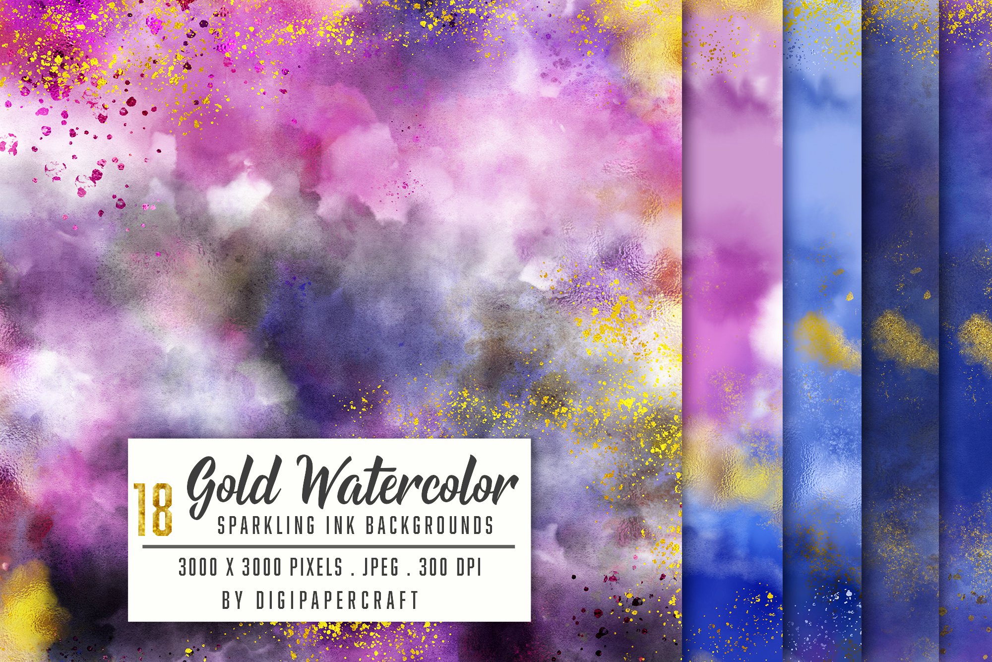 Watercolor Digital Paper, pink and blue background, Gold Ink (891651 ...