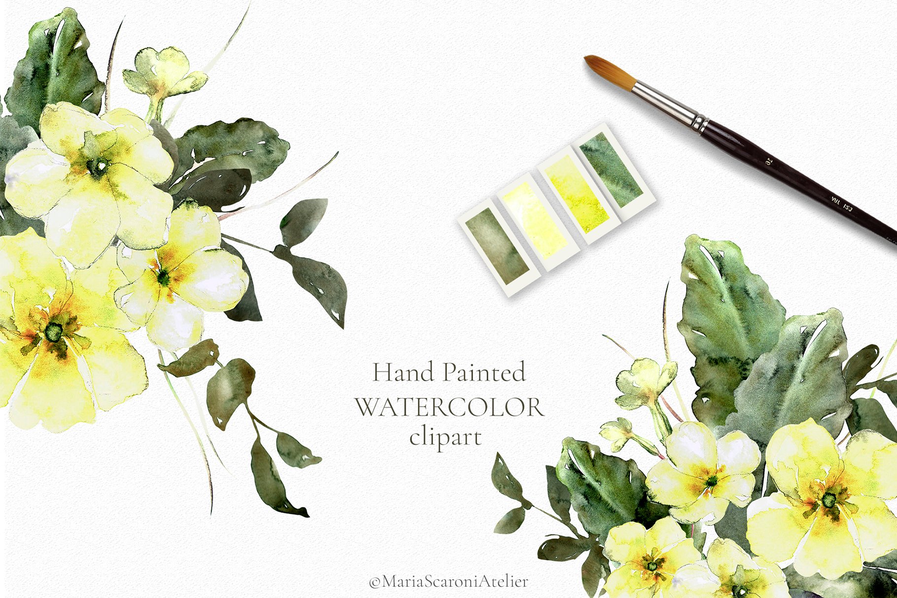 Yellow Spring Watercolor Flowers Clipart (1121758) | Illustrations ...